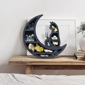 Avehrit Moon Shelf Wall Decor,Wooden Moon Shelf, Moon Shelf for Crystals, Wooden Moon Shelf,Moon Shelf for Crystals Wood Crystal Shelf Black Cat Design Display Shelf Wood Moon Decor Wall Decorations