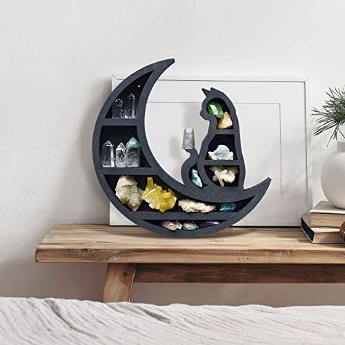 Avehrit Moon Shelf Wall Decor,Wooden Moon Shelf, Moon Shelf for Crystals, Wooden Moon Shelf,Moon Shelf for Crystals Wood Crystal Shelf Black Cat Design Display Shelf Wood Moon Decor Wall Decorations