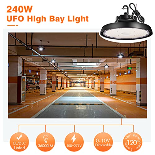 PATHBREAKER LED High Bay Light 240W UL& DLC Listed UFO High Bay LED Light 36000LM 0-10V Dimmable 6'Cable&Plug Commercial Grade Pole Barn Warehouse Garage Shop Light 5000K 10PACK