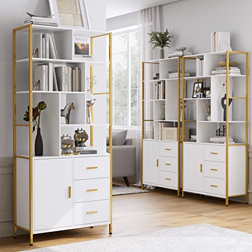 finetones Gold Bookshelf with 3 Drawers, 71.2” Tall Bookshelf White and Gold Bookshelf with Sturdy Metal Frame, Gold Shelf Etagere Standard Book Shelf Display Shelf for Home Office