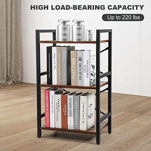 otovioia 3 Tier Bookshelf, Rustic Small Bookshelf for Small Spaces, Wood Bookcase Shelves Storage Organizer for Bedroom, Living Room, and Home Office