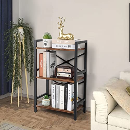 otovioia 3 Tier Bookshelf, Rustic Small Bookshelf for Small Spaces, Wood Bookcase Shelves Storage Organizer for Bedroom, Living Room, and Home Office