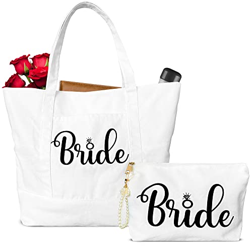 Bride Tote Bag Makeup Bag, Tote Bags, Comes with Artificial Pearl Keychains Handbag, 12OZ Canvas Large Tote Bag Bride Bag, Wedding Gift Bag, Bride Tote, Bride Gift Bag