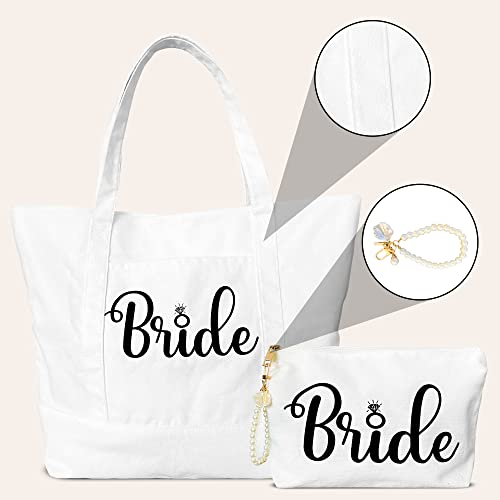 Bride Tote Bag Makeup Bag, Tote Bags, Comes with Artificial Pearl Keychains Handbag, 12OZ Canvas Large Tote Bag Bride Bag, Wedding Gift Bag, Bride Tote, Bride Gift Bag