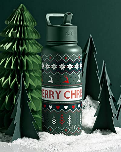 Simple Modern Christmas Water Bottle with Straw | Insulated Stainless Steel Metal Thermos | Ugly Christmas Sweater Gift for Men Women Girls Boys White Elephant Gifts Leak Proof Bottles | Summit | 32oz