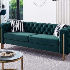 Kakotito Tufted Sofa Couch, 84 Inches Long Upholstered Sofa with 2 Pillows,High Arm and Strong Metal Legs, Couches for Living Room, Office, and Bedroom (Button Tufted, Green)