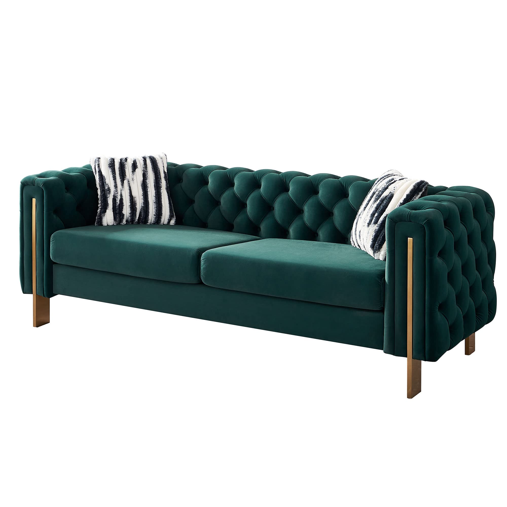 Kakotito Tufted Sofa Couch, 84 Inches Long Upholstered Sofa with 2 Pillows,High Arm and Strong Metal Legs, Couches for Living Room, Office, and Bedroom (Button Tufted, Green)