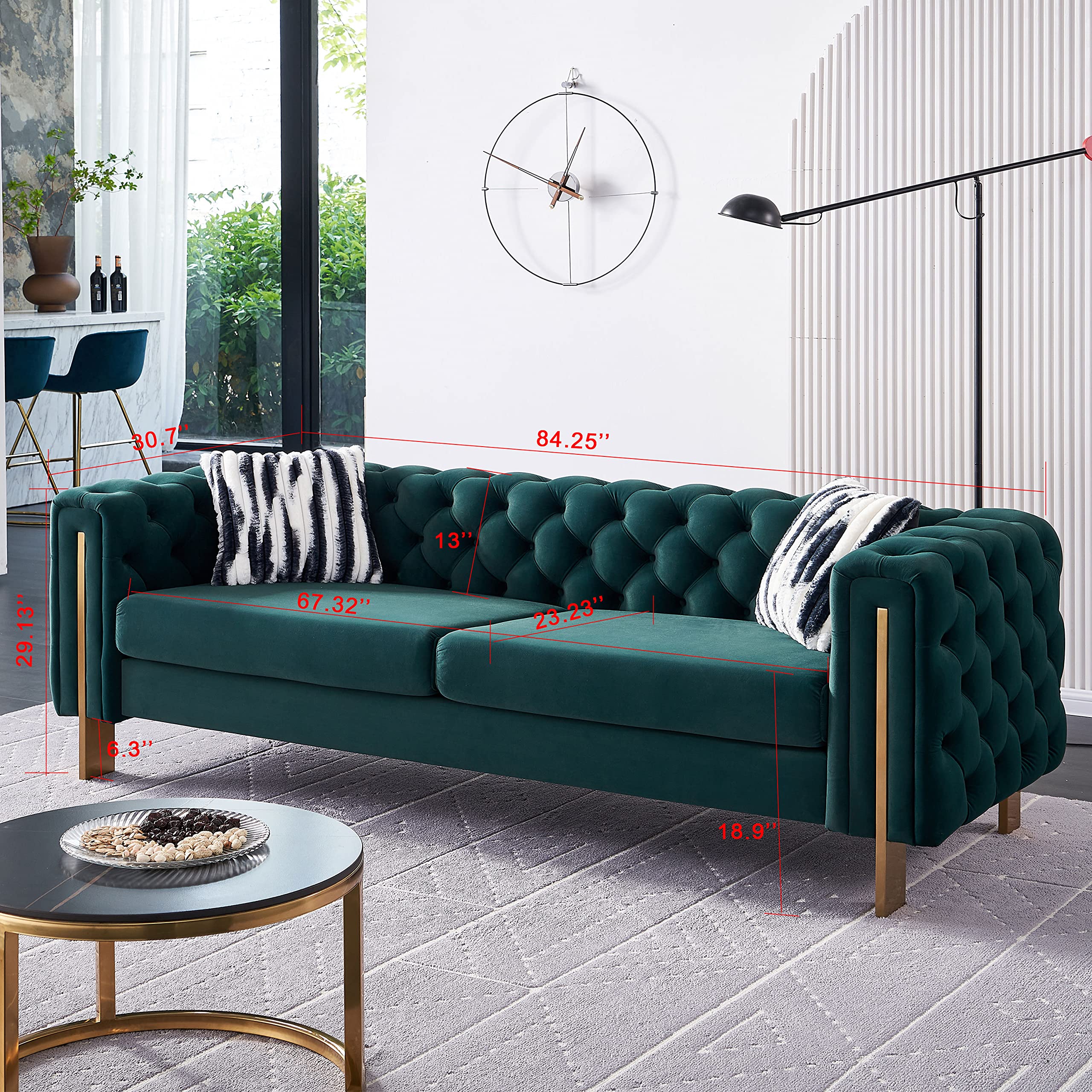 Kakotito Tufted Sofa Couch, 84 Inches Long Upholstered Sofa with 2 Pillows,High Arm and Strong Metal Legs, Couches for Living Room, Office, and Bedroom (Button Tufted, Green)