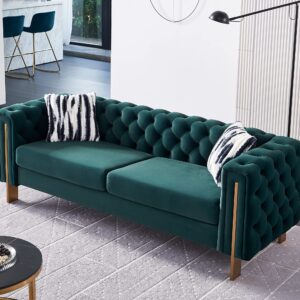 Kakotito Tufted Sofa Couch, 84 Inches Long Upholstered Sofa with 2 Pillows,High Arm and Strong Metal Legs, Couches for Living Room, Office, and Bedroom (Button Tufted, Green)