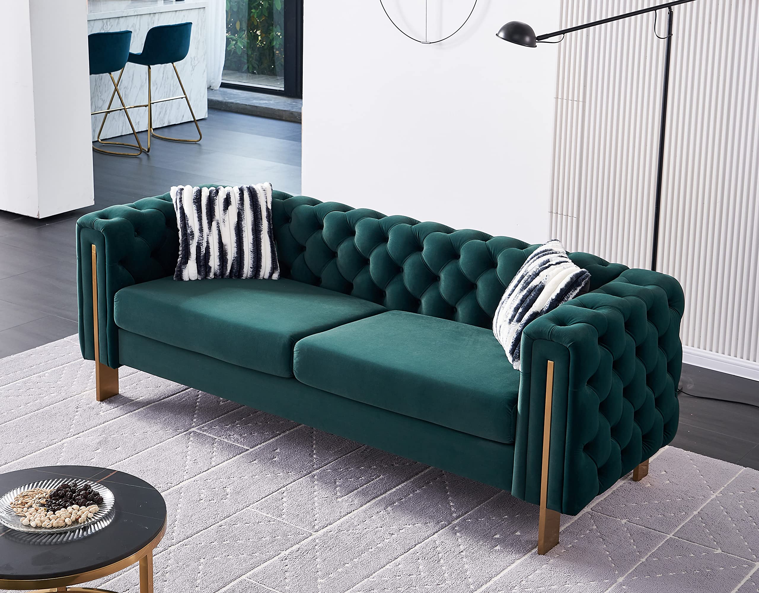 Kakotito Tufted Sofa Couch, 84 Inches Long Upholstered Sofa with 2 Pillows,High Arm and Strong Metal Legs, Couches for Living Room, Office, and Bedroom (Button Tufted, Green)