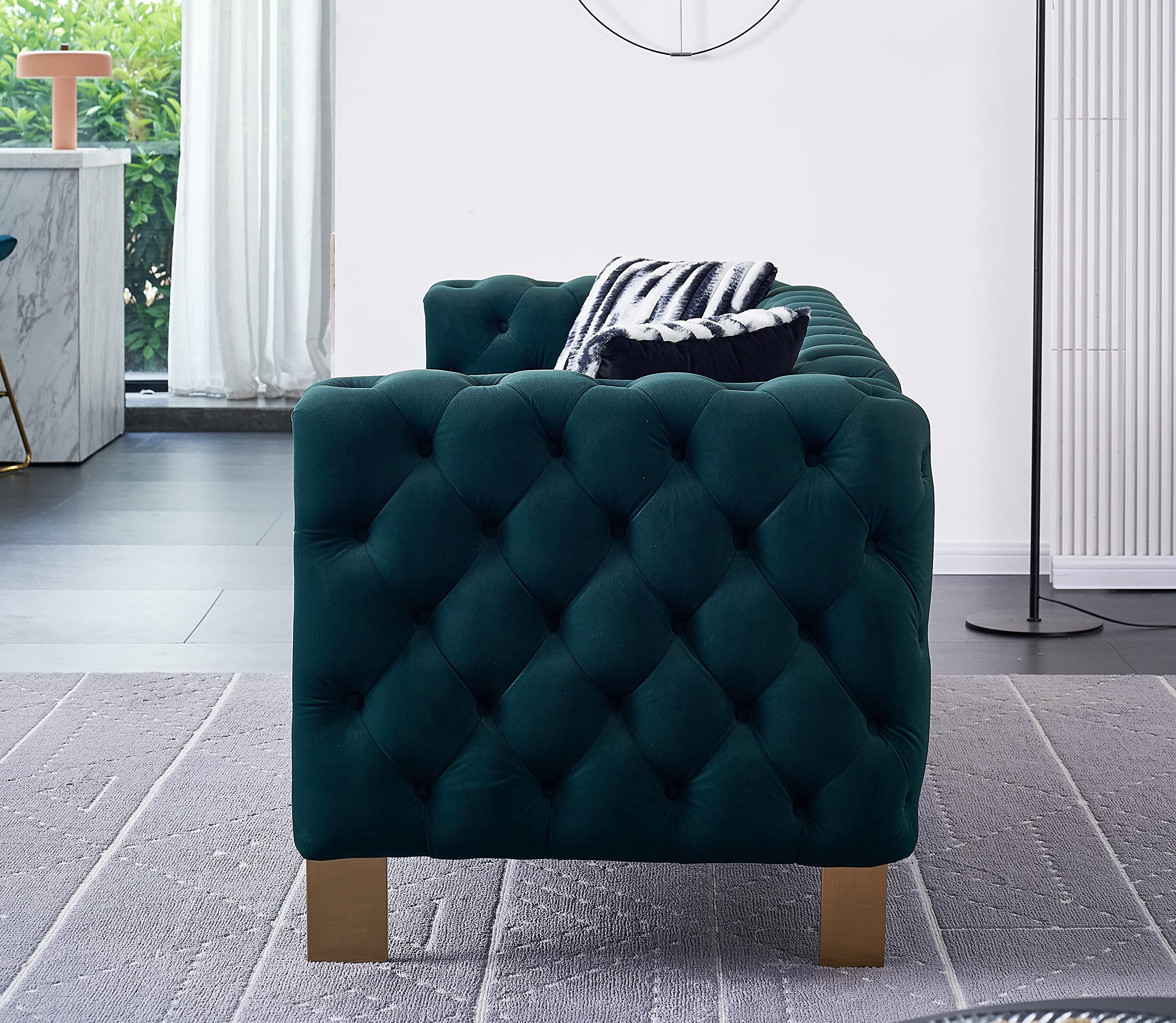 Kakotito Tufted Sofa Couch, 84 Inches Long Upholstered Sofa with 2 Pillows,High Arm and Strong Metal Legs, Couches for Living Room, Office, and Bedroom (Button Tufted, Green)