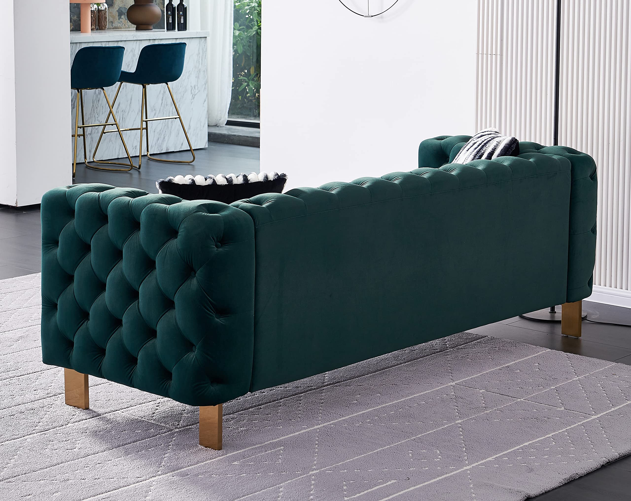 Kakotito Tufted Sofa Couch, 84 Inches Long Upholstered Sofa with 2 Pillows,High Arm and Strong Metal Legs, Couches for Living Room, Office, and Bedroom (Button Tufted, Green)