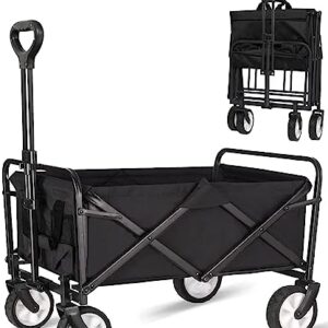 Collapsible Foldable Wagon, Beach Cart Large Capacity, Heavy Duty Folding Wagon Portable, Collapsible Wagon for Sports, Shopping, Camping (Black, 1 Year Warrant)