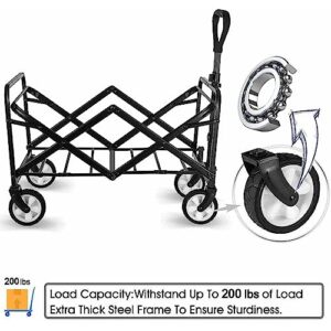 Collapsible Foldable Wagon, Beach Cart Large Capacity, Heavy Duty Folding Wagon Portable, Collapsible Wagon for Sports, Shopping, Camping (Black, 1 Year Warrant)