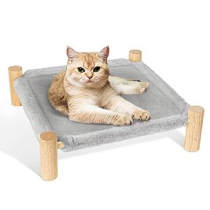 fluffee cat hammock bed, wooden elevated cat bed for indoor cats, portable washable raised pet bed for kitten puppy rabbit - grey