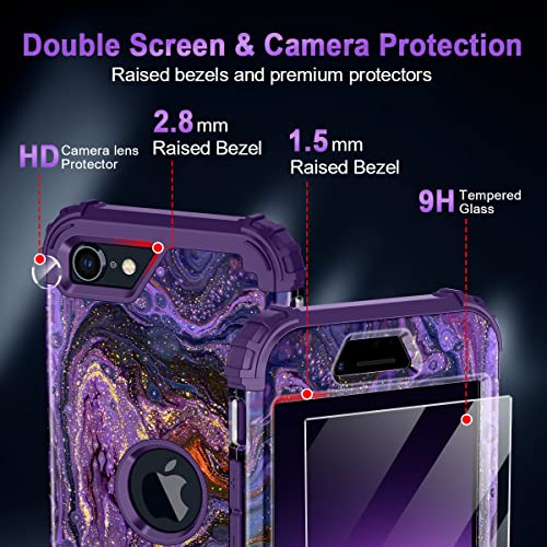 Miqala for iPhone SE 2022/2020 Case,Shiny in The Dark Three Layer Heavy Duty Shockproof Hard Plastic Bumper +Soft Silicone Rubber Protective Case for iPhone SE(3rd Gen/2nd Gen) 4.7 inch,Deep Purple