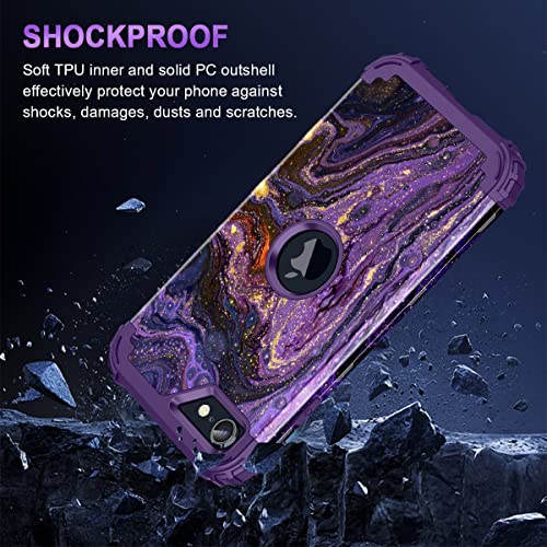 Miqala for iPhone SE 2022/2020 Case,Shiny in The Dark Three Layer Heavy Duty Shockproof Hard Plastic Bumper +Soft Silicone Rubber Protective Case for iPhone SE(3rd Gen/2nd Gen) 4.7 inch,Deep Purple