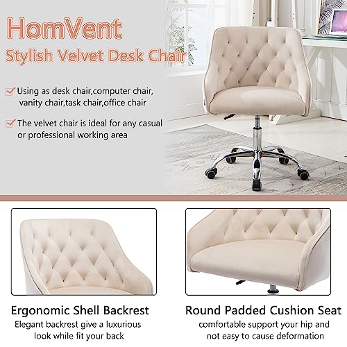 HomVent Swivel Chair w/Upholstered Armrests,Wide Seat Leisure Office Chair w/Tufted Shell Back Velvet Computer Chair w/Golden Base Task Chair w/Height Adjustment Design for Home Reception Room