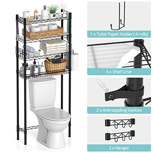 Hodonas Over Toilet Bathroom Organizer, 4-Tier Over The Toilet Storage Shelf Adjustable Bathroom Shelves Over Toilet, Above Toilet Storage Rack Stable Freestanding Bathroom Space Saver, Black