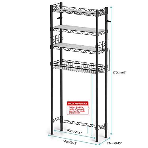 Hodonas Over Toilet Bathroom Organizer, 4-Tier Over The Toilet Storage Shelf Adjustable Bathroom Shelves Over Toilet, Above Toilet Storage Rack Stable Freestanding Bathroom Space Saver, Black