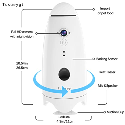 Tusueygt Dog Camera,180°View Pet Treat Tossing,Dog Camera with Phone App,1080p Dog Camera with Treat Dispenser,2 Way Audio,Pet Monitoring Camera with Phone App,2.4G/5G WiFi,Android/iOS