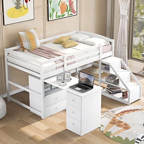 Low Loft Bed with Storage Staircase, Wooden Twin Size Loft Bed with 5 Drawers and Movable Built-in Desk in One Bed Wood for Kids Teens Boys and Girls