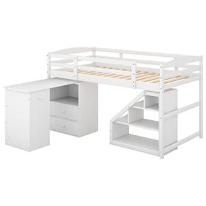 Low Loft Bed with Storage Staircase, Wooden Twin Size Loft Bed with 5 Drawers and Movable Built-in Desk in One Bed Wood for Kids Teens Boys and Girls