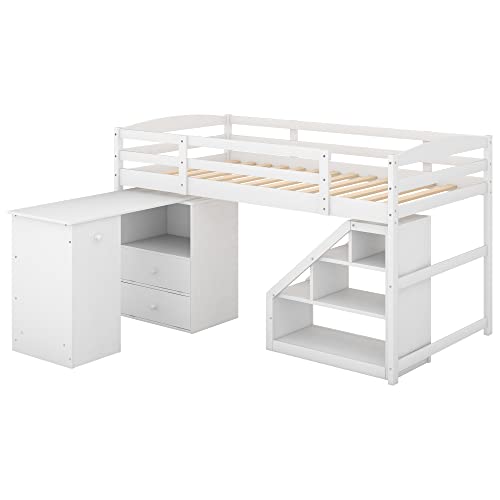 Low Loft Bed with Storage Staircase, Wooden Twin Size Loft Bed with 5 Drawers and Movable Built-in Desk in One Bed Wood for Kids Teens Boys and Girls