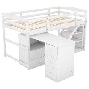 Low Loft Bed with Storage Staircase, Wooden Twin Size Loft Bed with 5 Drawers and Movable Built-in Desk in One Bed Wood for Kids Teens Boys and Girls