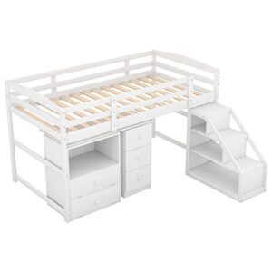 Low Loft Bed with Storage Staircase, Wooden Twin Size Loft Bed with 5 Drawers and Movable Built-in Desk in One Bed Wood for Kids Teens Boys and Girls