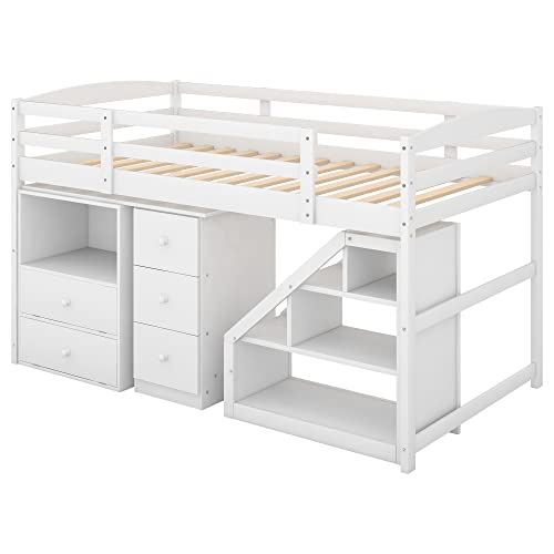 Low Loft Bed with Storage Staircase, Wooden Twin Size Loft Bed with 5 Drawers and Movable Built-in Desk in One Bed Wood for Kids Teens Boys and Girls