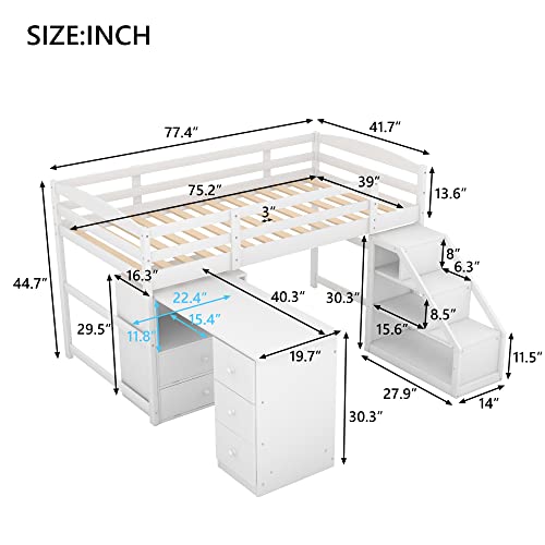 Low Loft Bed with Storage Staircase, Wooden Twin Size Loft Bed with 5 Drawers and Movable Built-in Desk in One Bed Wood for Kids Teens Boys and Girls