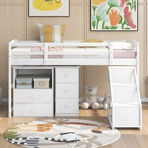 Low Loft Bed with Storage Staircase, Wooden Twin Size Loft Bed with 5 Drawers and Movable Built-in Desk in One Bed Wood for Kids Teens Boys and Girls