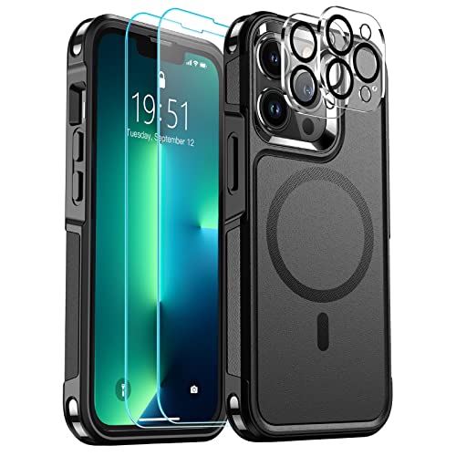 SUPFINE Magnetic for iPhone 13 Pro Max Case [Compatible with MagSafe] [10 FT Military Grade Drop Protection] 2X [ Tempered Glass Screen Protector+Camera Lens Protector] Non-Slip Phone Case, Black