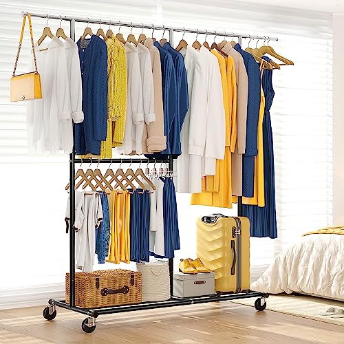 Raybee Clothes Rack Heavy Duty 405LBS Clothing Racks for Hanging Clothes 200+ Rolling Clothes Rack with Wheels Garment Rack Heavy Duty Clothing Rack with Shelves Portable Clothes Rack,Metal,Black