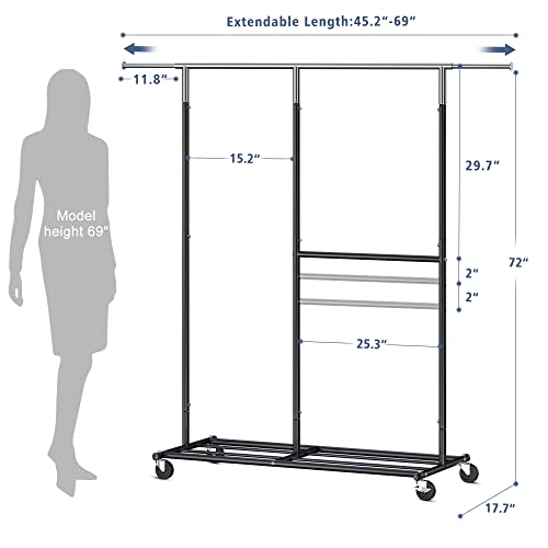 Raybee Clothes Rack Heavy Duty 405LBS Clothing Racks for Hanging Clothes 200+ Rolling Clothes Rack with Wheels Garment Rack Heavy Duty Clothing Rack with Shelves Portable Clothes Rack,Metal,Black