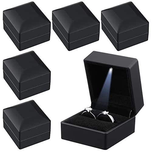 6 Pcs Black Engagement Ring Box with LED Light Earring Gift Box Square Shaped Wedding Ring Box Elegant Velvet Ring Box Display Ring Boxes Bulk for Proposal Ceremony Anniversary Birthday Gift