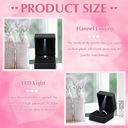 6 Pcs Black Engagement Ring Box with LED Light Earring Gift Box Square Shaped Wedding Ring Box Elegant Velvet Ring Box Display Ring Boxes Bulk for Proposal Ceremony Anniversary Birthday Gift