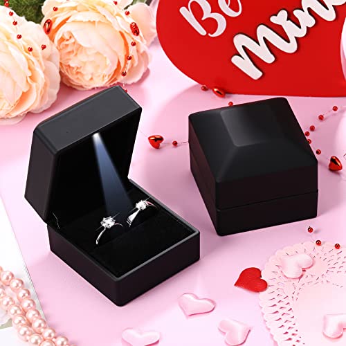 6 Pcs Black Engagement Ring Box with LED Light Earring Gift Box Square Shaped Wedding Ring Box Elegant Velvet Ring Box Display Ring Boxes Bulk for Proposal Ceremony Anniversary Birthday Gift