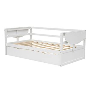 Harper & Bright Designs Daybed with Trundle and Side Foldable Table, Wood Twin Size Sofa Bed Frame with Wood Slat Support, Twin Bed Frame for Bedroom, Living Room (White)