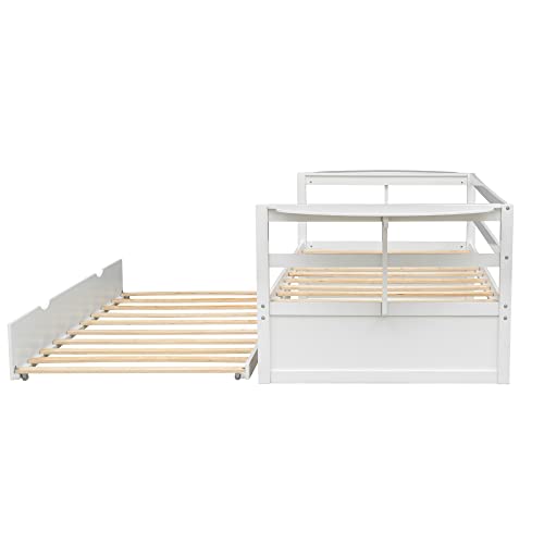 Harper & Bright Designs Daybed with Trundle and Side Foldable Table, Wood Twin Size Sofa Bed Frame with Wood Slat Support, Twin Bed Frame for Bedroom, Living Room (White)