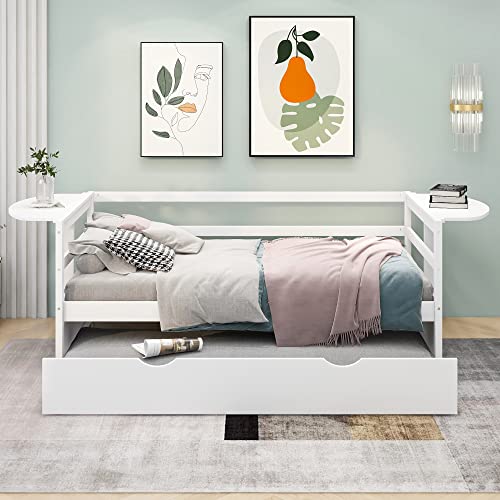 Harper & Bright Designs Daybed with Trundle and Side Foldable Table, Wood Twin Size Sofa Bed Frame with Wood Slat Support, Twin Bed Frame for Bedroom, Living Room (White)