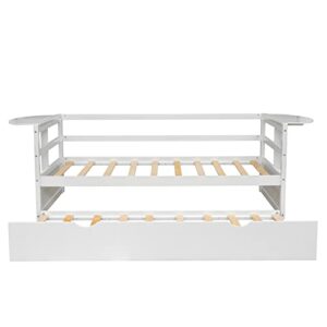 Harper & Bright Designs Daybed with Trundle and Side Foldable Table, Wood Twin Size Sofa Bed Frame with Wood Slat Support, Twin Bed Frame for Bedroom, Living Room (White)