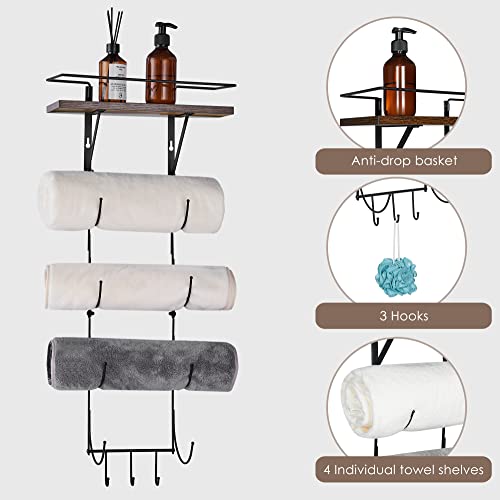 ELYKEN Wall Towel Rack for Rolled Towels, Hanging Towel Storage for Small Bathroom, Metal Towel Holder with 1.8” Guardrail Shelf and 3 Hooks for RV, Hotel Organizer Shelves, Rustic Brown