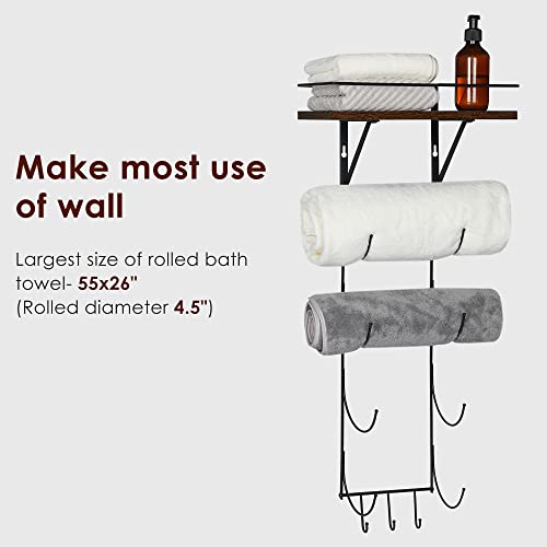 ELYKEN Wall Towel Rack for Rolled Towels, Hanging Towel Storage for Small Bathroom, Metal Towel Holder with 1.8” Guardrail Shelf and 3 Hooks for RV, Hotel Organizer Shelves, Rustic Brown