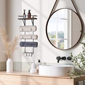 ELYKEN Wall Towel Rack for Rolled Towels, Hanging Towel Storage for Small Bathroom, Metal Towel Holder with 1.8” Guardrail Shelf and 3 Hooks for RV, Hotel Organizer Shelves, Rustic Brown