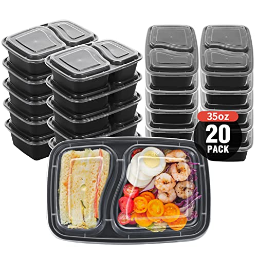 Landmore Meal Prep Containers, Food Prep Container 20 Pack 34oz 2 Compartment with Lid, BPA Free, Stackable/Reusable Lunch Boxes, Microwavable & Freezer Safe