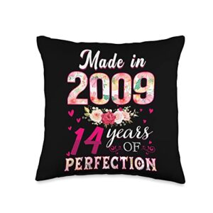 vintage made in 2009 14th birthday girl teen gift made in 2009 14 years of perfection flowers birthday gifts throw pillow, 16x16, multicolor