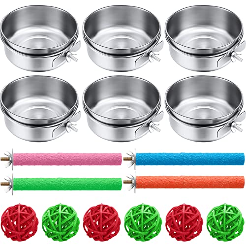 6 Pcs Bird Food Bowl Bird Feeding Dish Cups Stainless Steel Bird Water Feeder with Clamp 6 Rattan Balls and 4 Grinding Cage Perch Bird Toys Bird Perches for Budgies Parakeet Macaw Small Animals