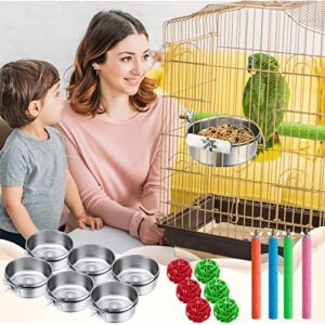 6 Pcs Bird Food Bowl Bird Feeding Dish Cups Stainless Steel Bird Water Feeder with Clamp 6 Rattan Balls and 4 Grinding Cage Perch Bird Toys Bird Perches for Budgies Parakeet Macaw Small Animals